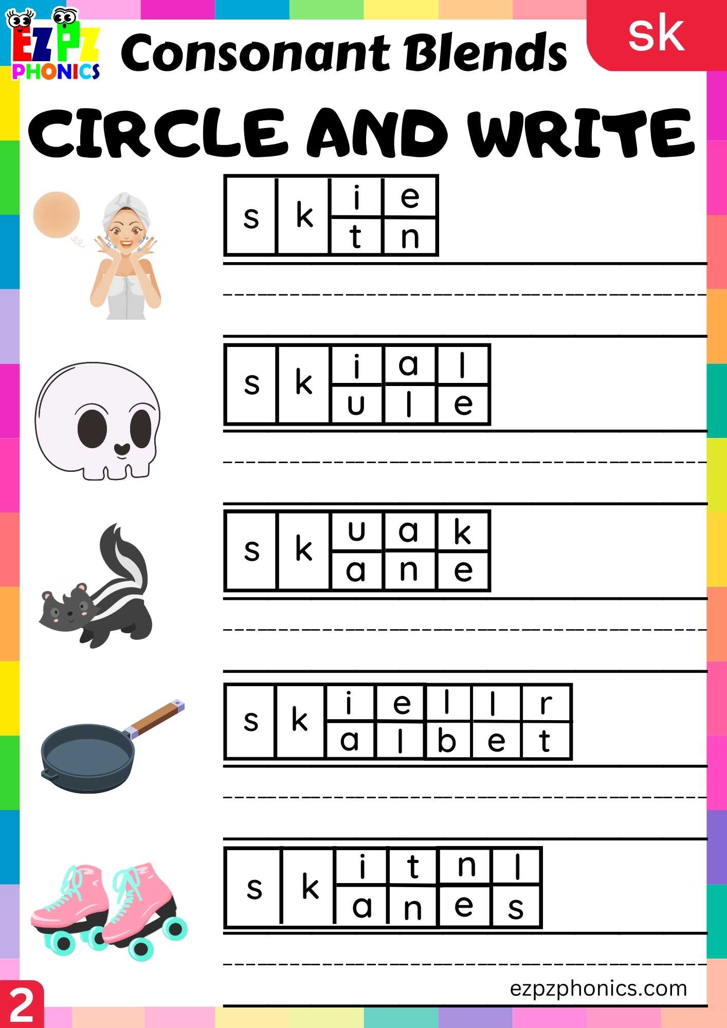 Group2 Sk Words Circle And Write Phonics Consonant Blends Worksheet